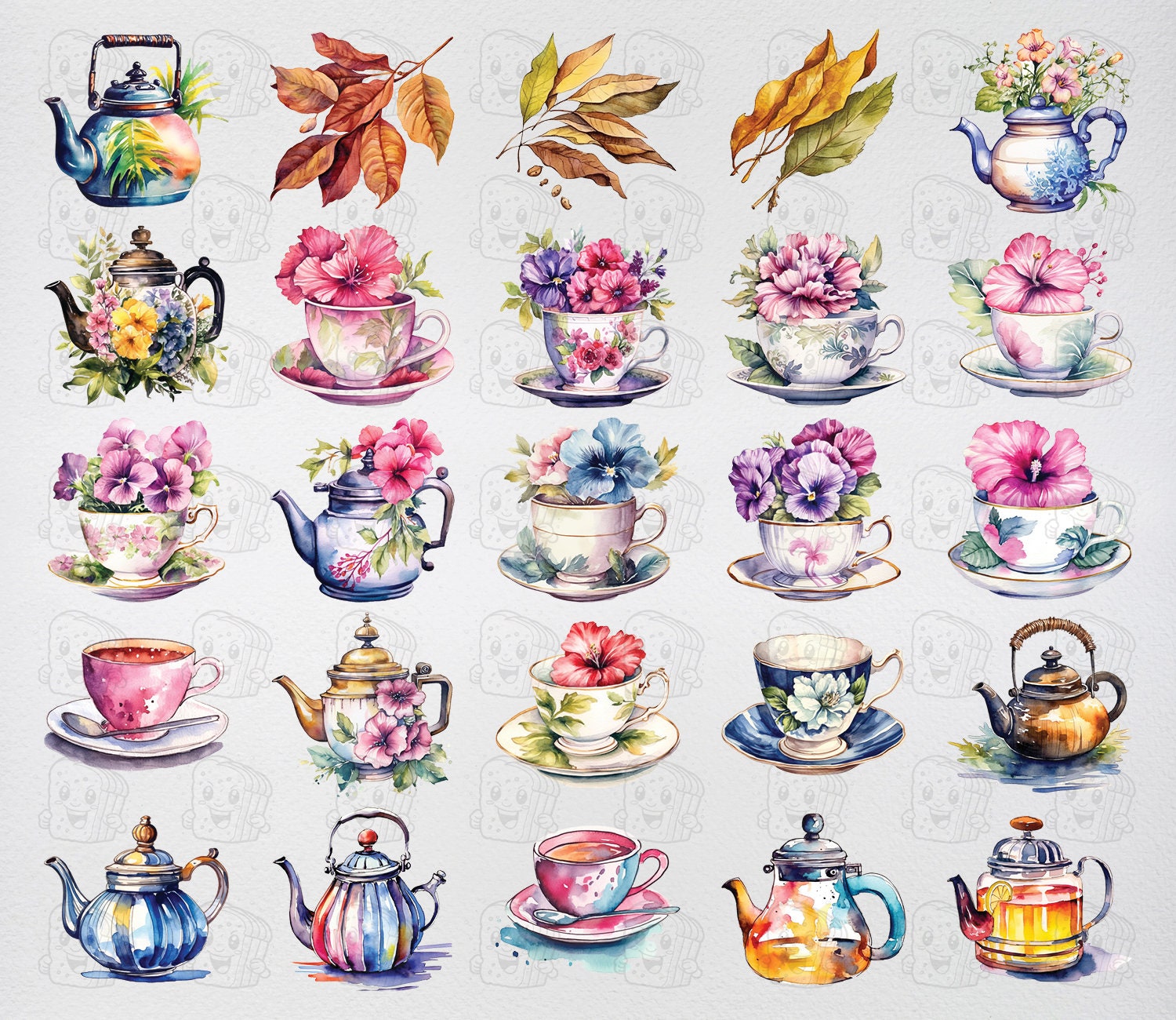 Watercolor Tea Set, 47 Tea Clipart, Herbal Tea Pots Cups Leaves Teabags ...