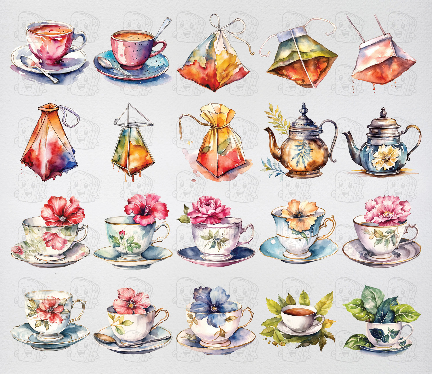 Watercolor Tea Set, 47 Tea Clipart, Herbal Tea Pots Cups Leaves Teabags ...