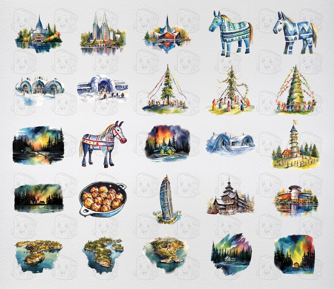 Watercolor Sweden, 34 Swedish Landmarks, Travel Vacation Holiday ...