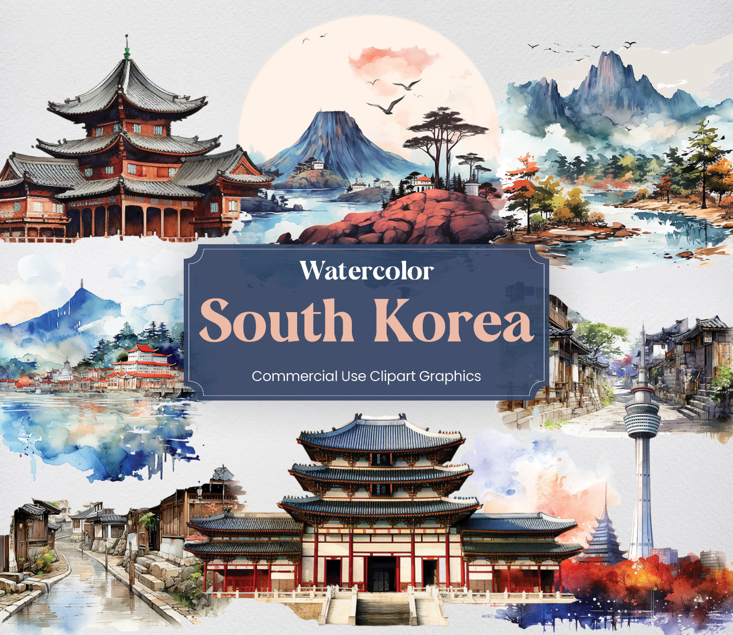 Watercolor South Korea, 23 South Korean Landmarks, Travel Holiday ...