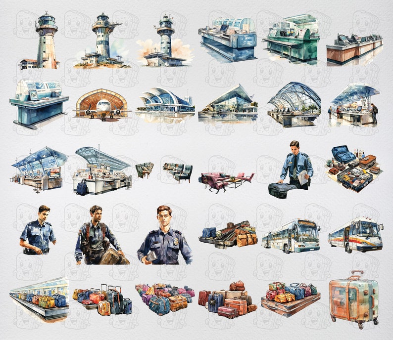 Watercolor Airport, 65 Air Port Clipart, Travel Aircraft Digital Prints ...