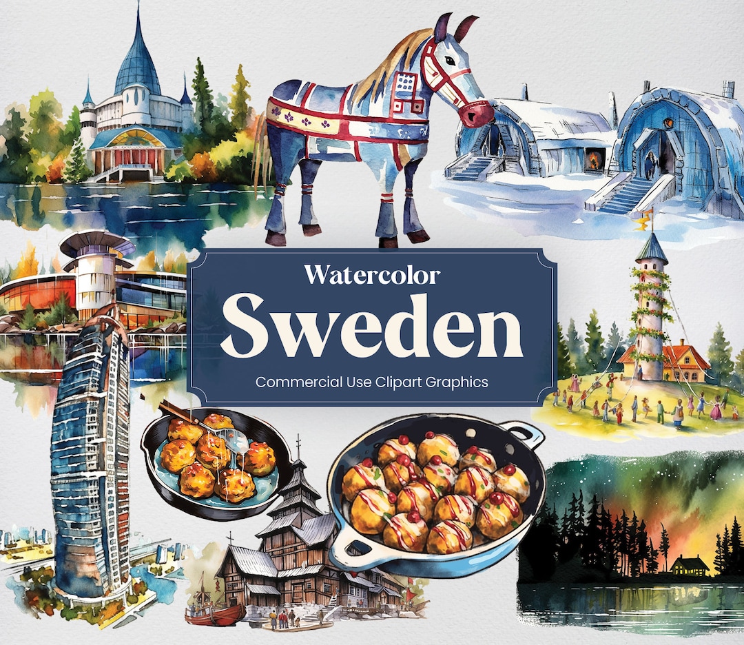 Watercolor Sweden, 34 Swedish Landmarks, Travel Vacation Holiday ...
