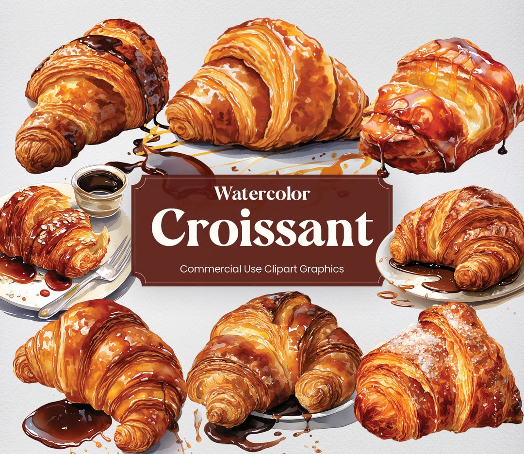 Watercolor Croissant, 12 French Cuisine Pastry Bakery Cafe Food ...