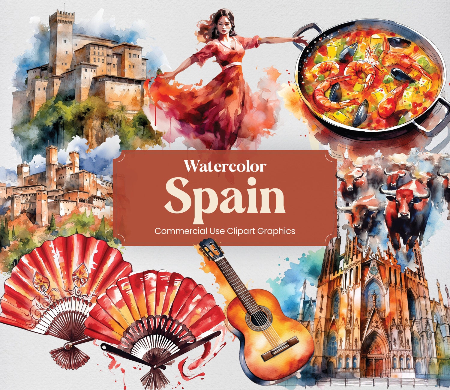 Watercolor Spain, 31 Spanish Landmarks, Travel Vacation Holiday Digital ...