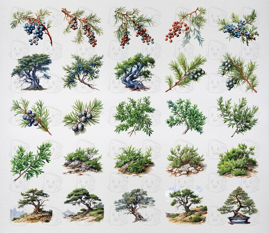 Watercolor Juniper, 20+ Junipers, Flowers Plants Spring Floral Digital ...