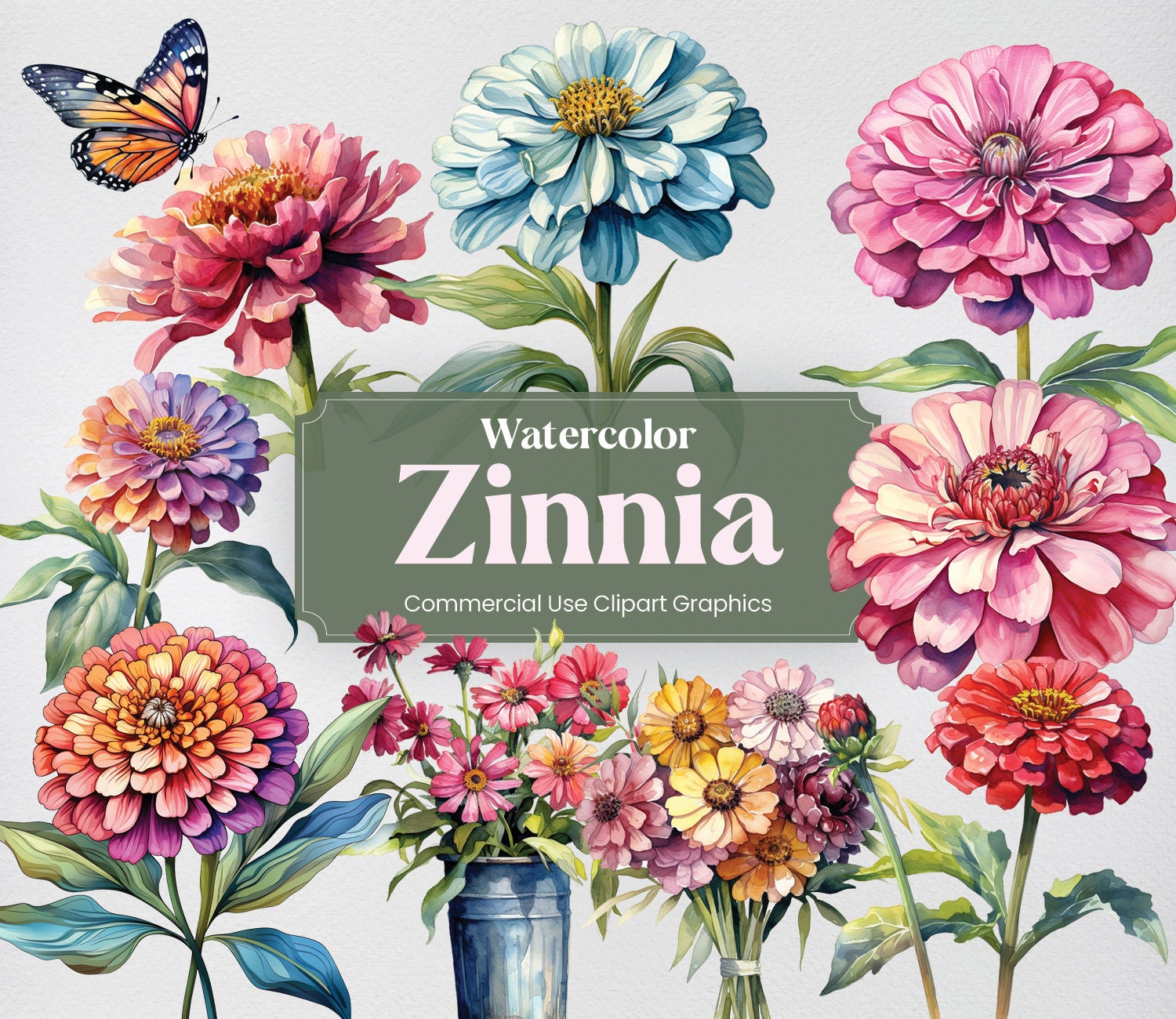 Watercolor Zinnia, 28 Zinnias Plants Flowers Spring Floral Bouquet ...