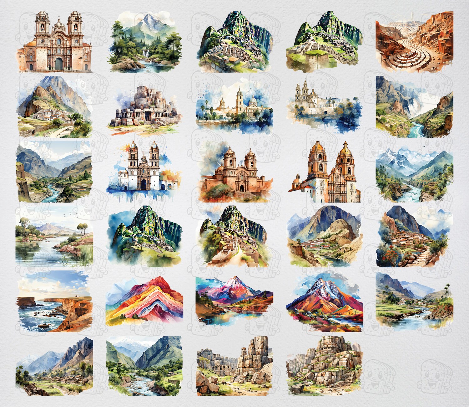 Watercolor Peru, 29 Peruvian Landmarks, Travel Vacation Holiday Digital ...