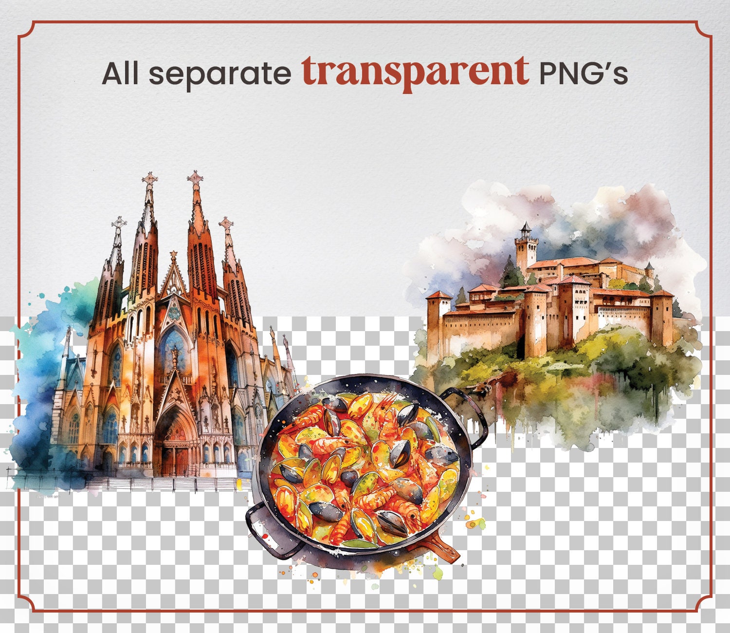 Watercolor Spain, 31 Spanish Landmarks, Travel Vacation Holiday Digital ...