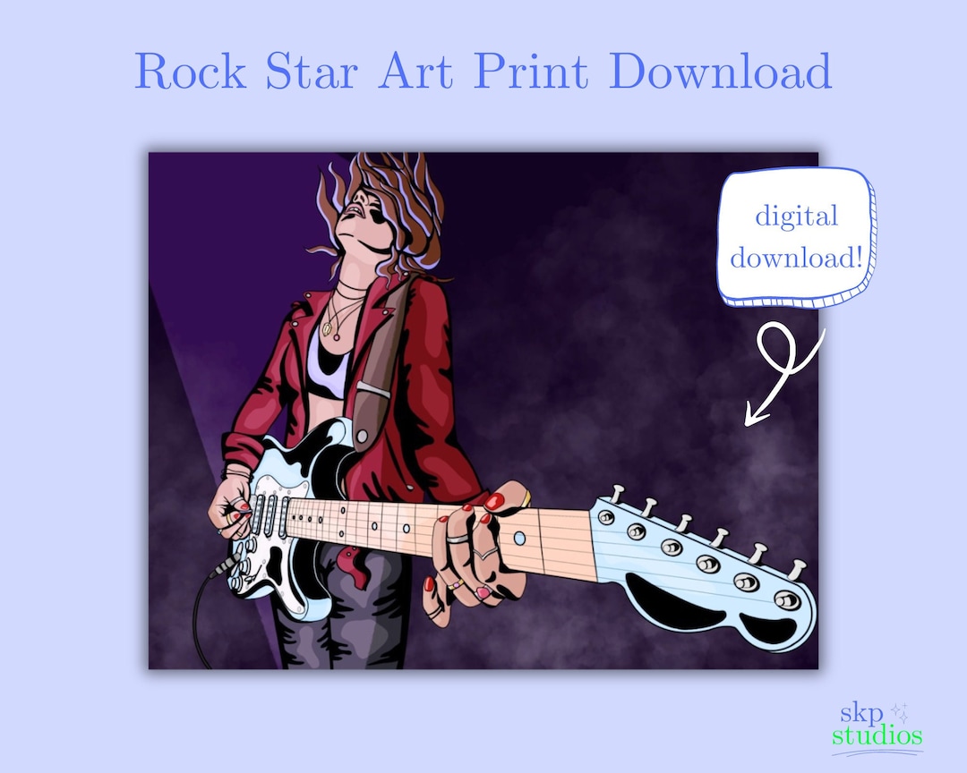 Digital Download Rock Star Art Print, Female Guitarist Illustration ...