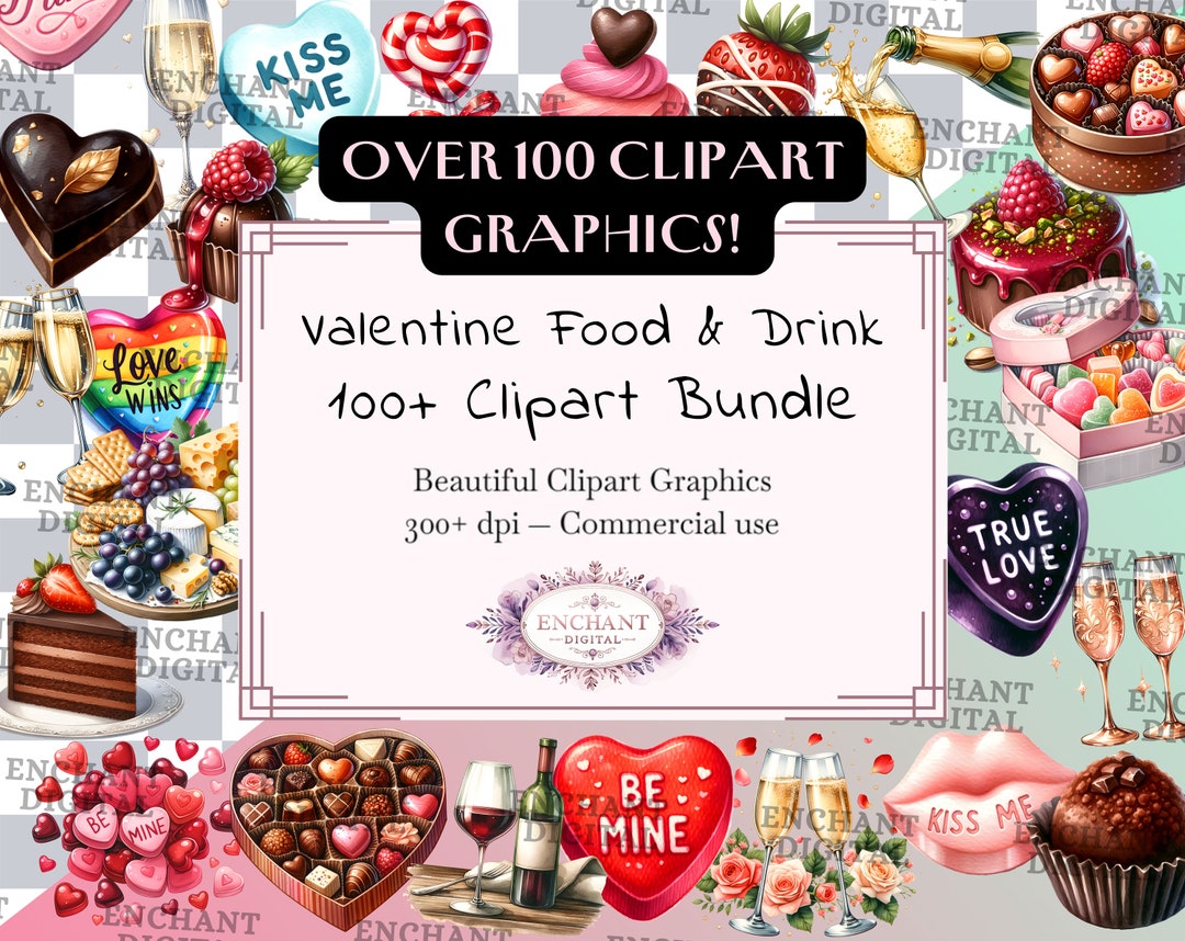 Valentine Food & Drink Clipart Bundle - Watercolor Clipart Valentine’s ...