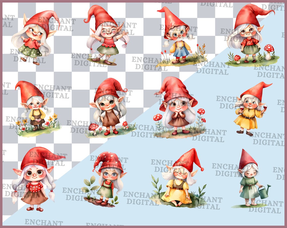 Female Gnome Clipart Watercolor Female Garden Gnomes Clipart Instant ...