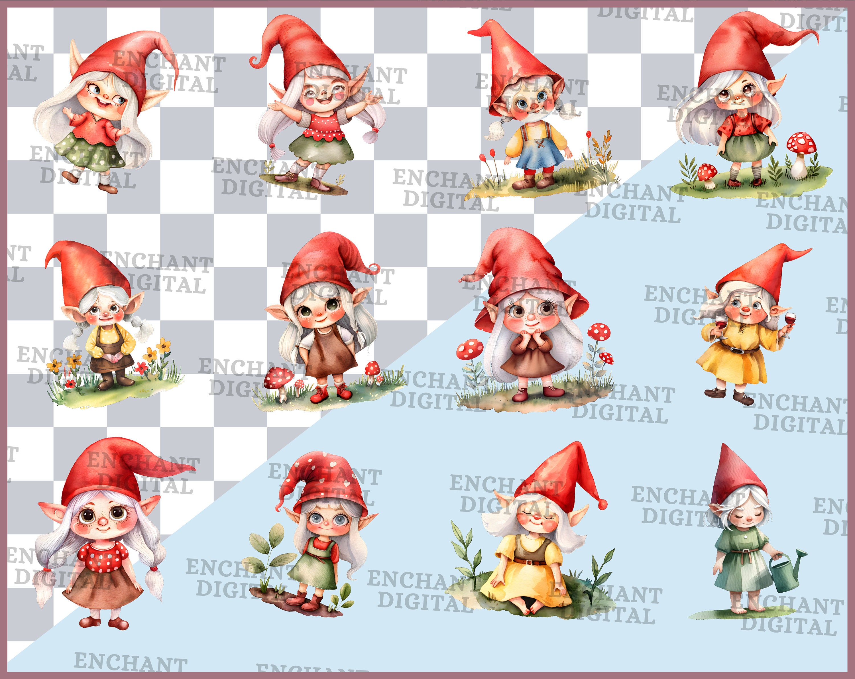Female Gnome Clipart Watercolor Female Garden Gnomes Clipart Instant ...