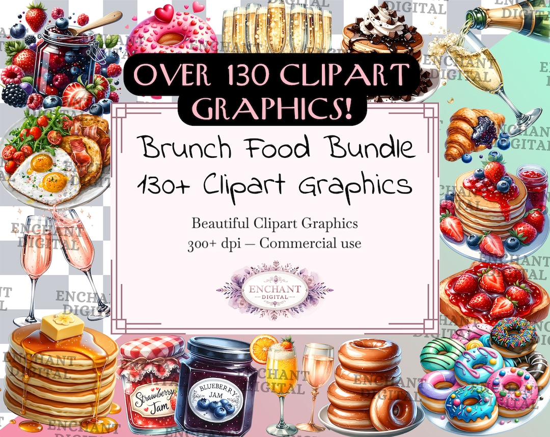 Brunch Food Clipart Bundle - 130+ Watercolor Pancakes Donuts Mimosas ...