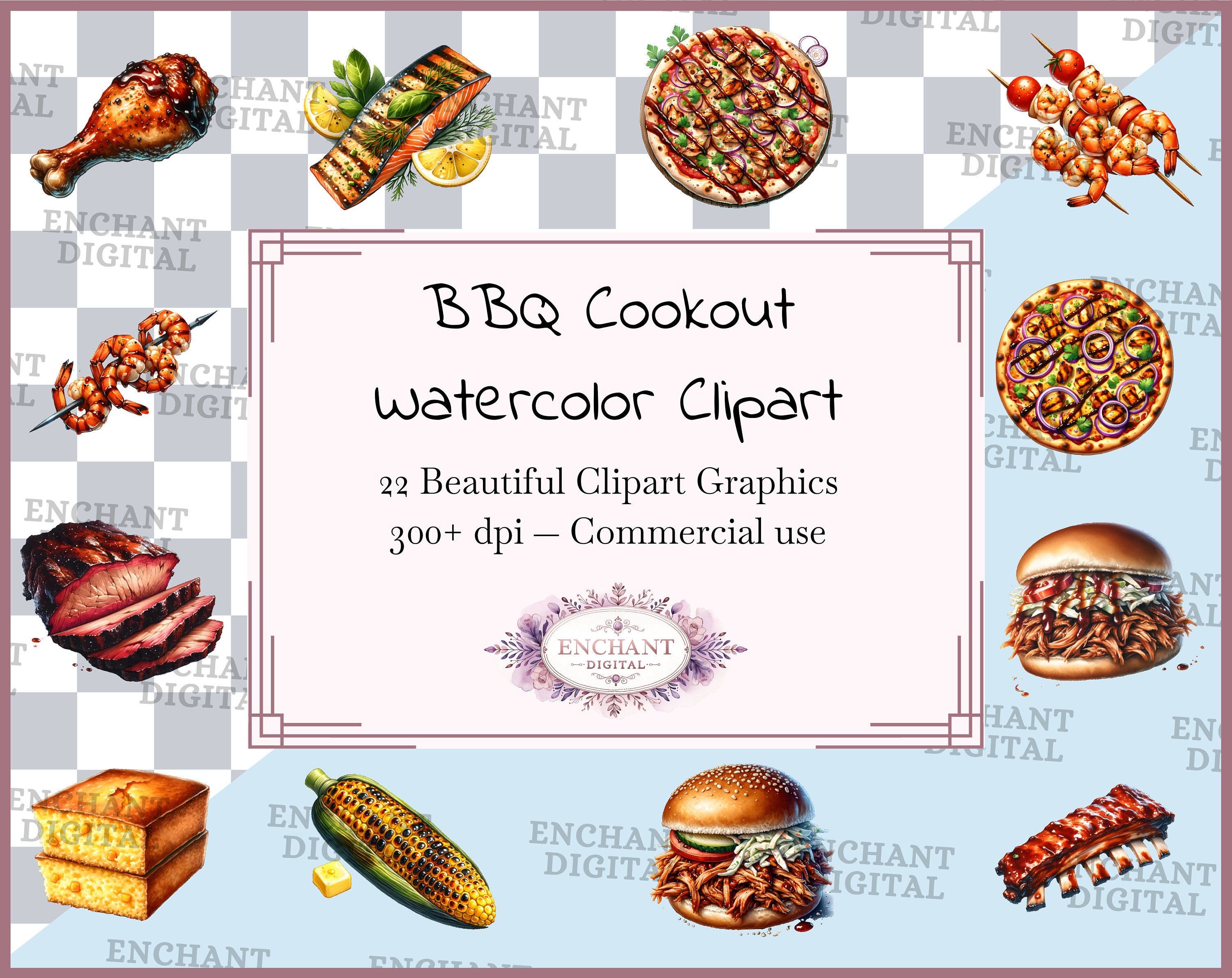 BBQ Cookout Clipart - Watercolor Texas BBQ Summer Food Clipart Instant ...