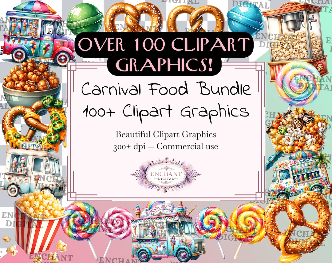 Carnival Food Clipart Bundle - 100+ Watercolor Popcorn Pretzel Ice ...