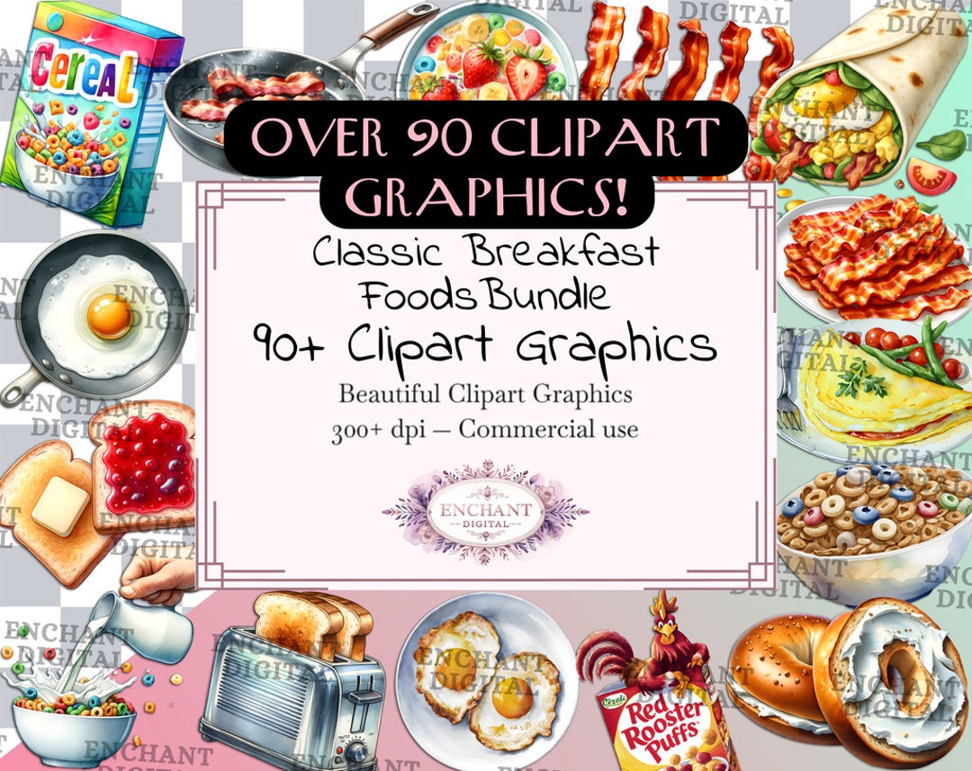 Classic Breakfast Foods Clipart Bundle - 90+ Watercolor Toast Eggs ...