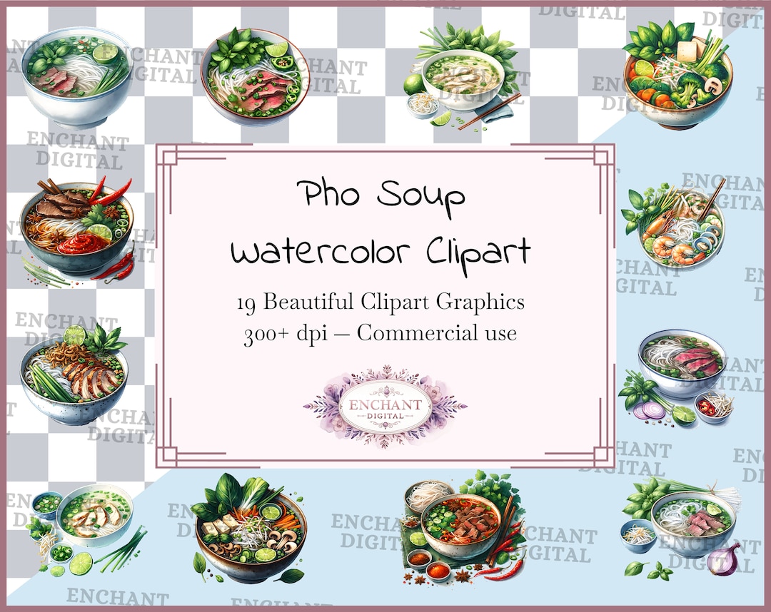 Pho Soup Clipart - Watercolor Vietnamese Pho Soup Clipart Instant ...