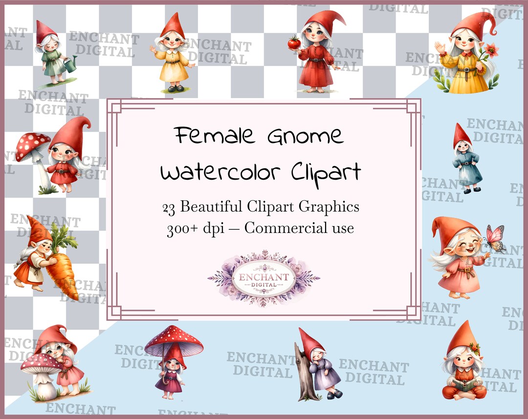 Female Gnome Clipart - Watercolor Female Garden Gnomes Clipart Instant ...