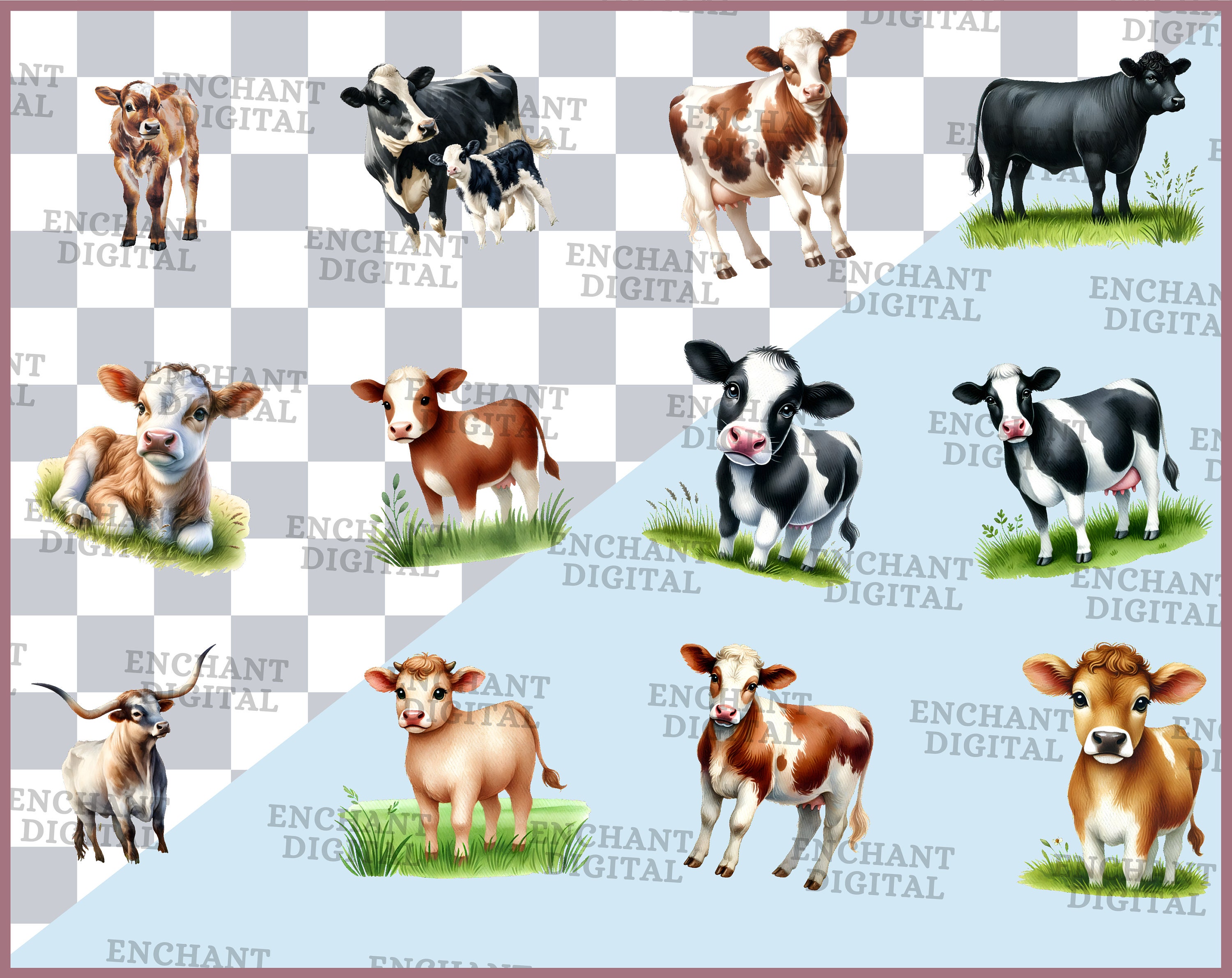 Cattle Clipart - Watercolor Grazing Cows Farm Animals Rustic Farm ...