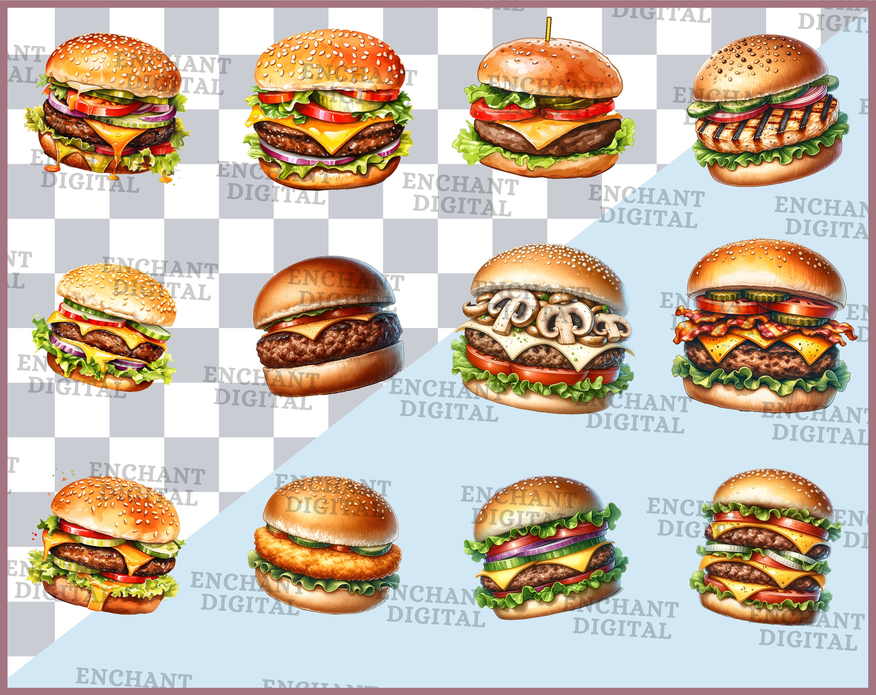 Burger Clipart Watercolor Burgers Clipart Instant Download PNG Graphics ...