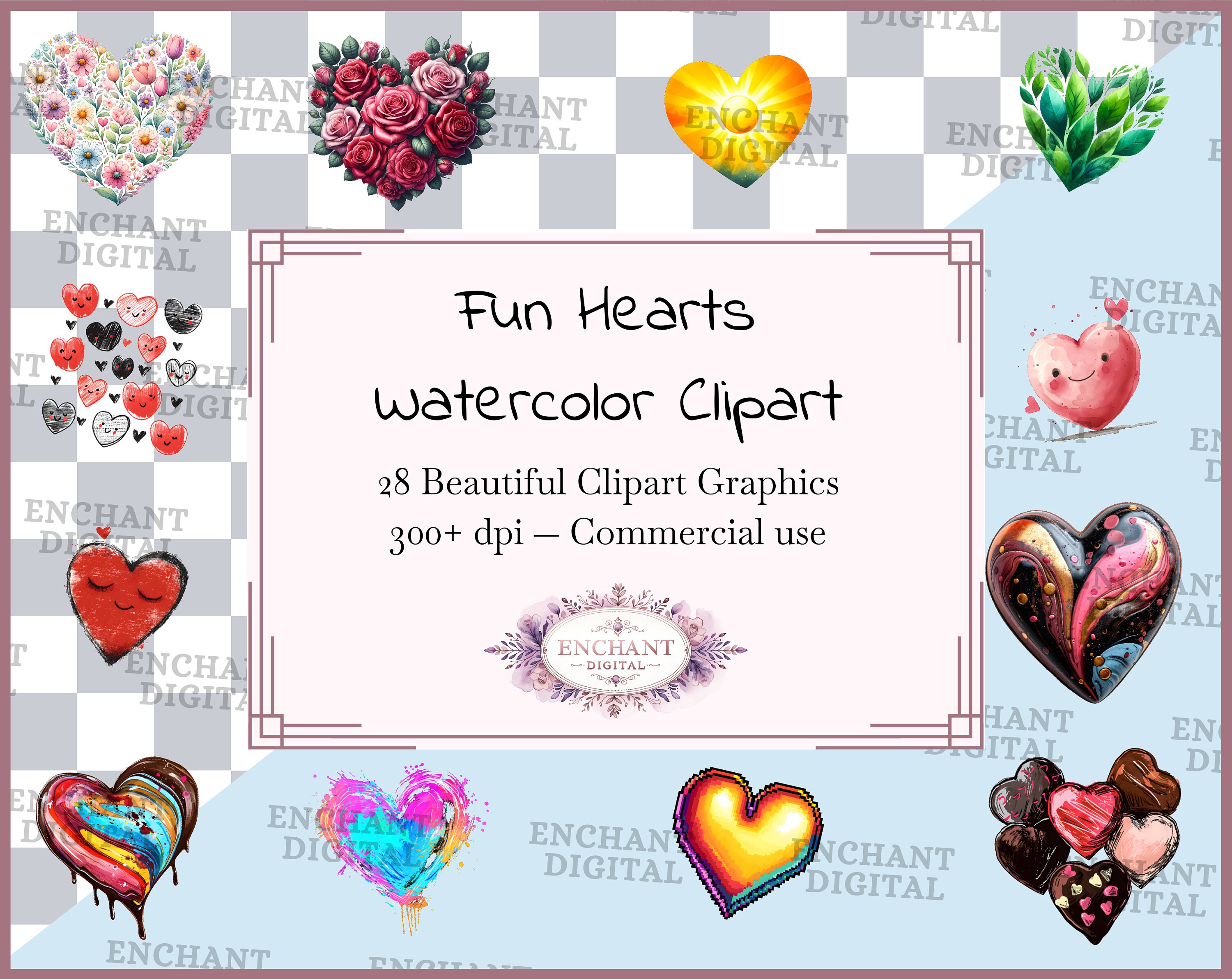 Fun Hearts Clipart Watercolor Hearts Clipart Instant Download PNG ...
