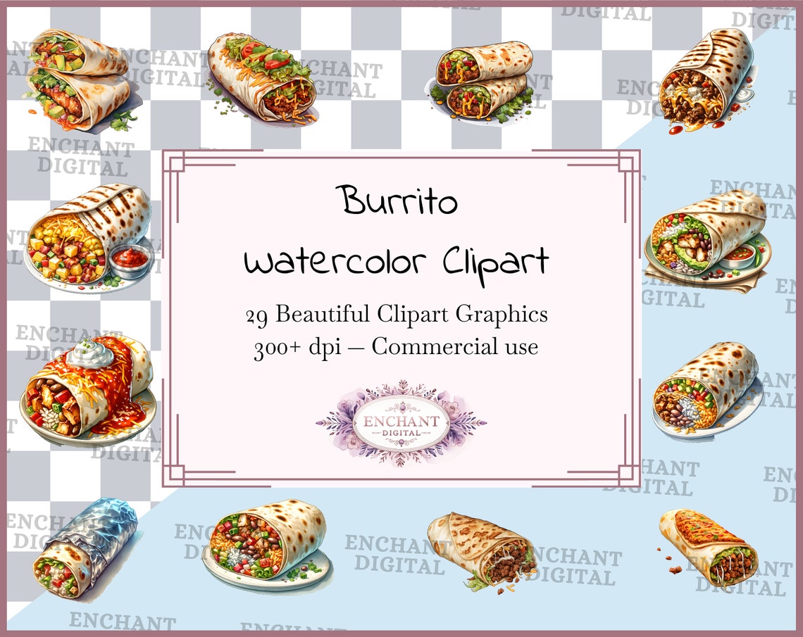 Tacos and Burrito Clipart Bundle - 150+ Watercolor Burritos Quesadilla ...