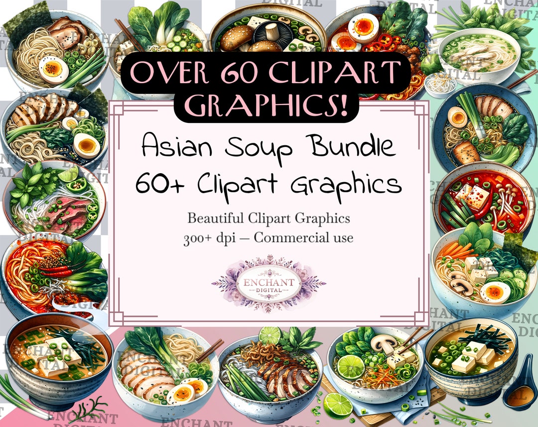 Asian Soup Bundle - 80+ Watercolor Miso Ramen Pho Instant Download ...