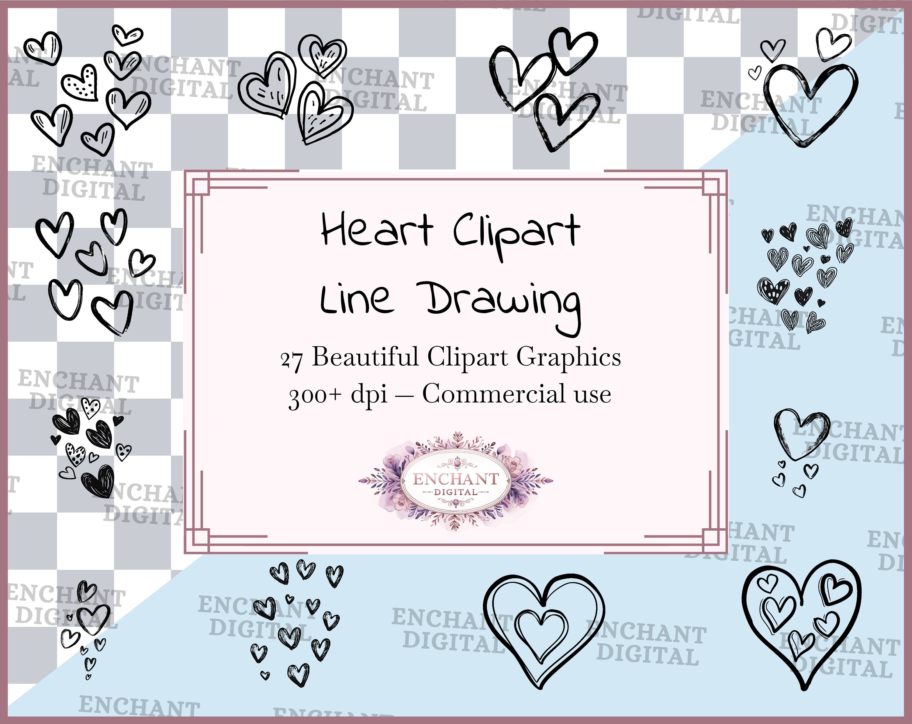 Heart Line Drawing Clipart - Watercolor Heart Sketches Instant Download ...