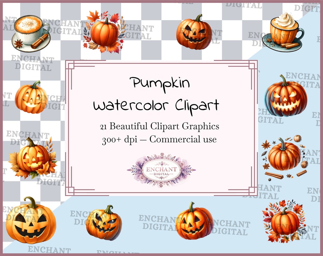 Pumpkin Clipart - Watercolor Jack-o-lantern Pumpkin Spice Latte Fall ...