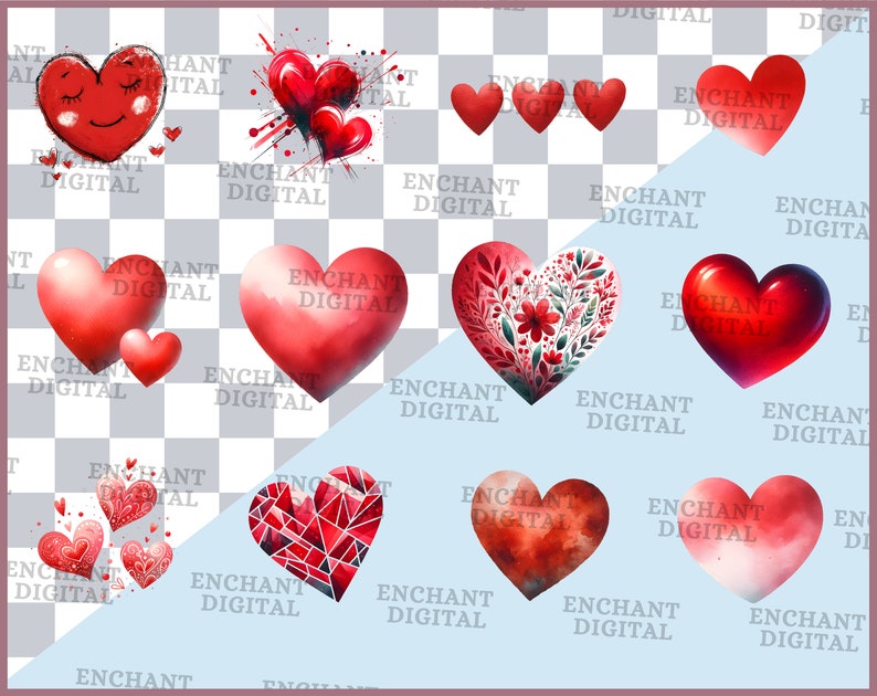 Red Hearts Clipart Watercolor Red Hearts Instant Download PNG Graphics ...