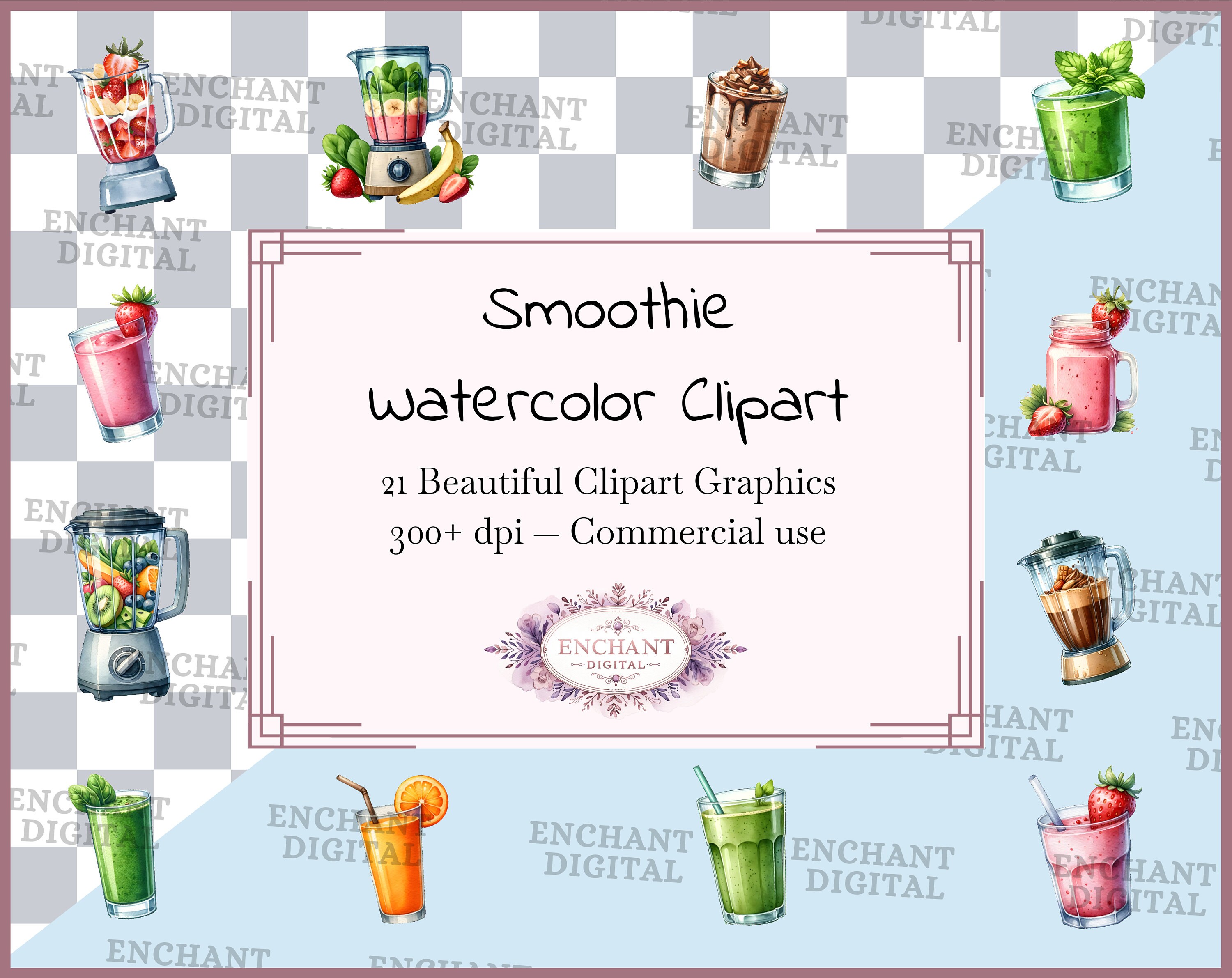 Smoothie Clipart - Watercolor Strawberry Orange Healthy Green Juice ...