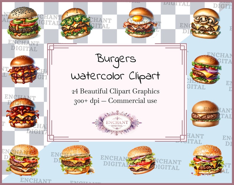 Fast Food Clipart Bundle 125 Watercolor Burgers Fries Pizza Instant ...