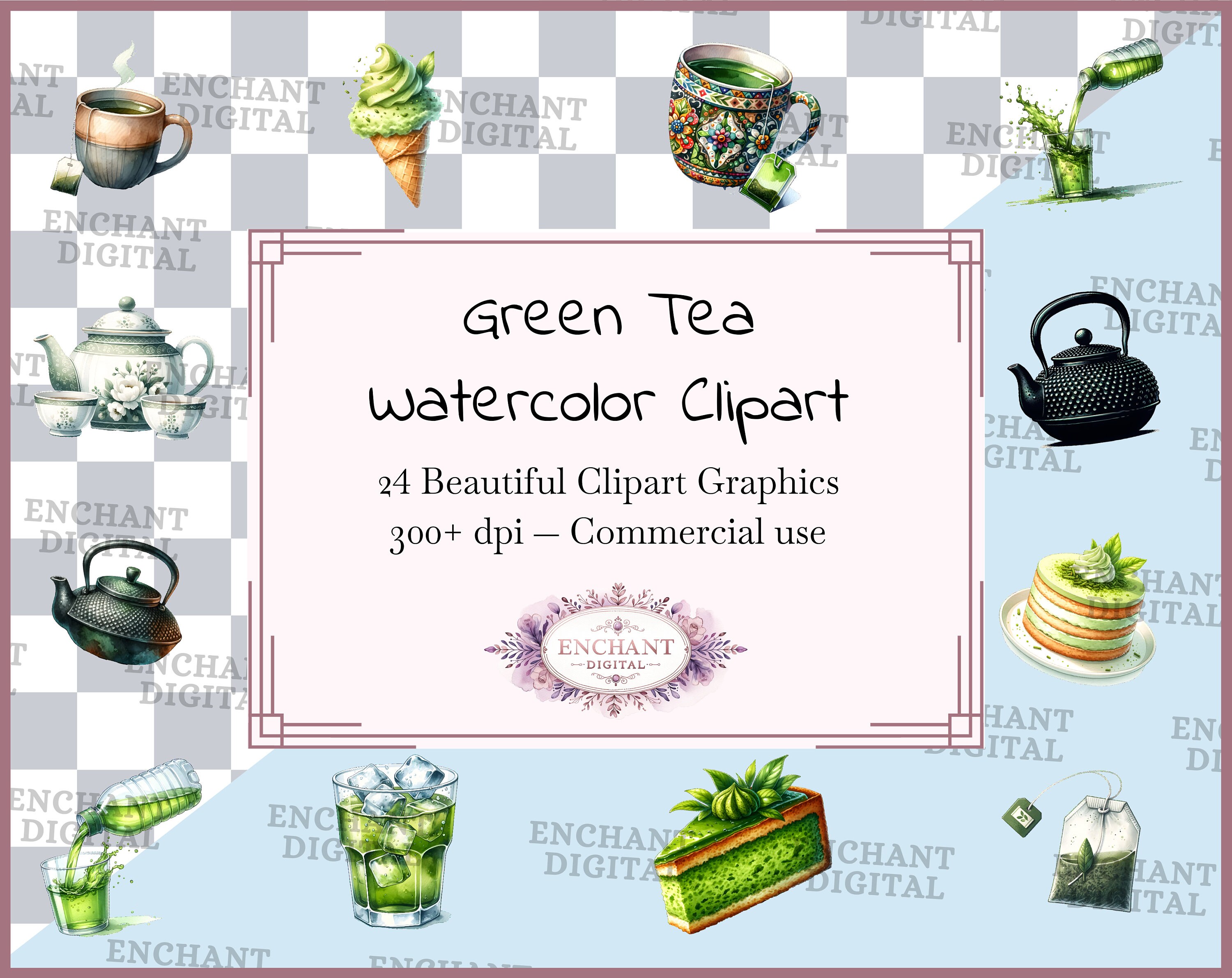 Green Tea Clipart - Watercolor Green Tea Beverage Ice Cream Japanese ...