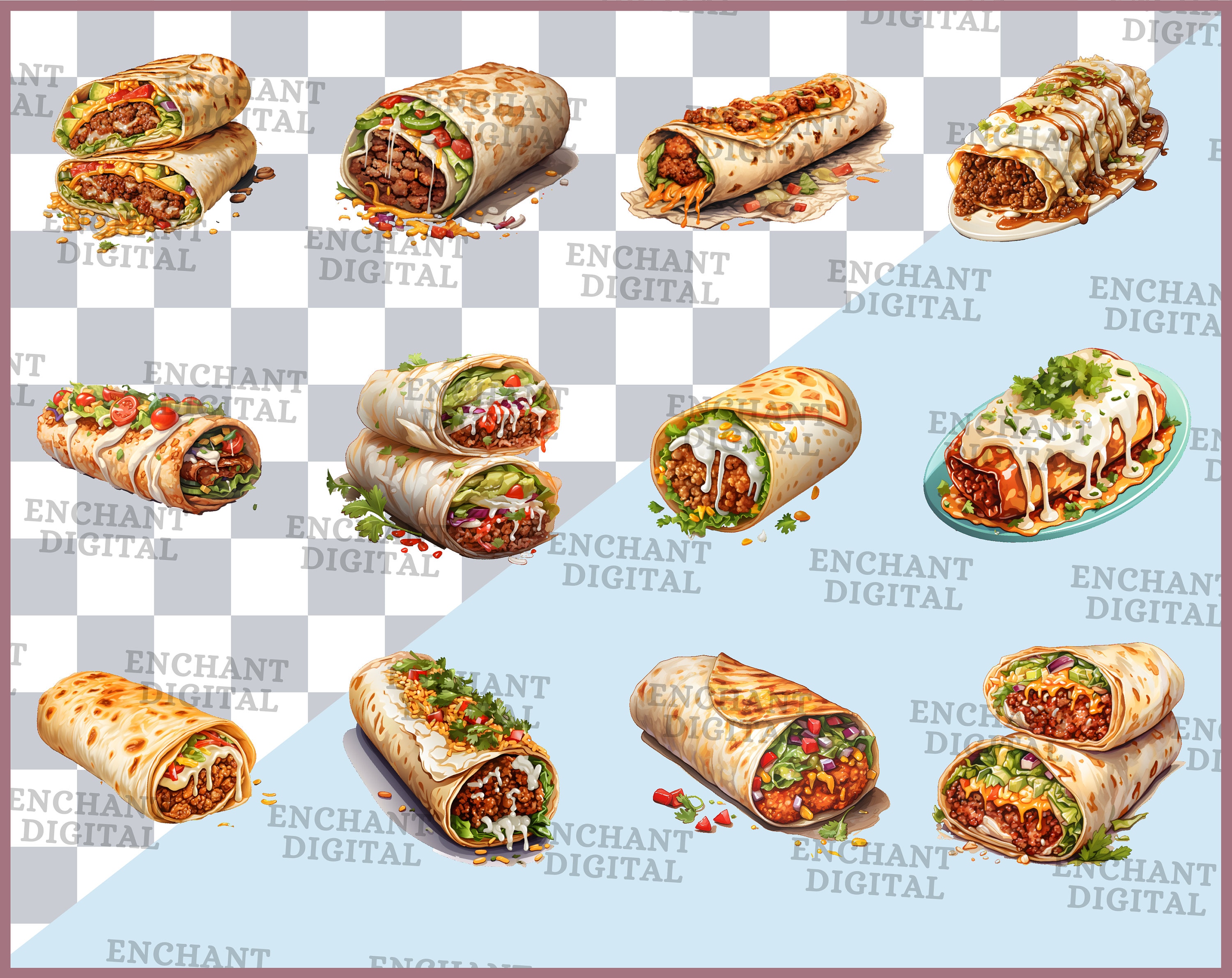 Tacos and Burrito Clipart Bundle - 150+ Watercolor Burritos Quesadilla ...