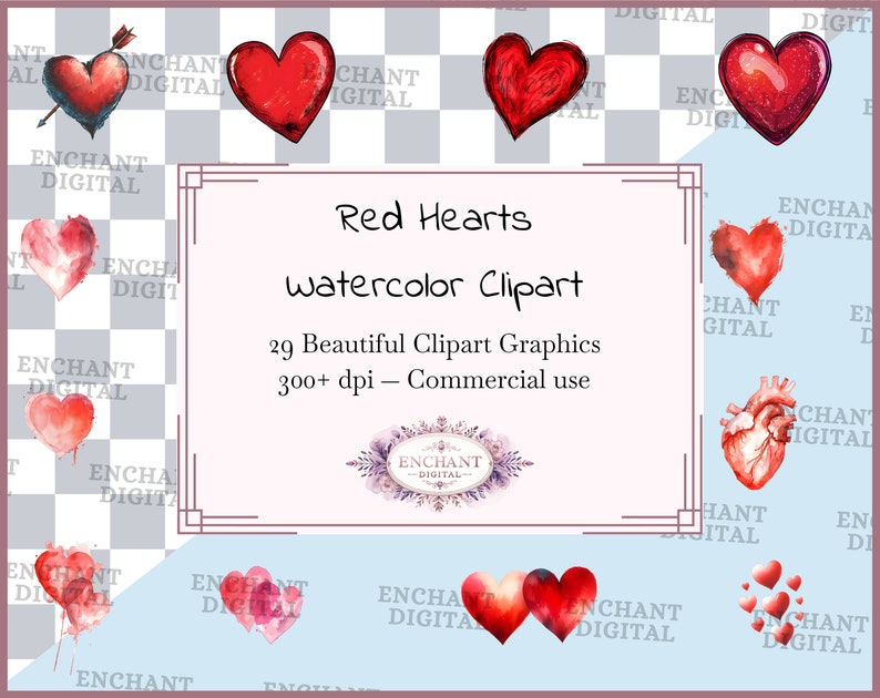 Red Hearts Clipart Watercolor Red Hearts Instant Download PNG Graphics ...