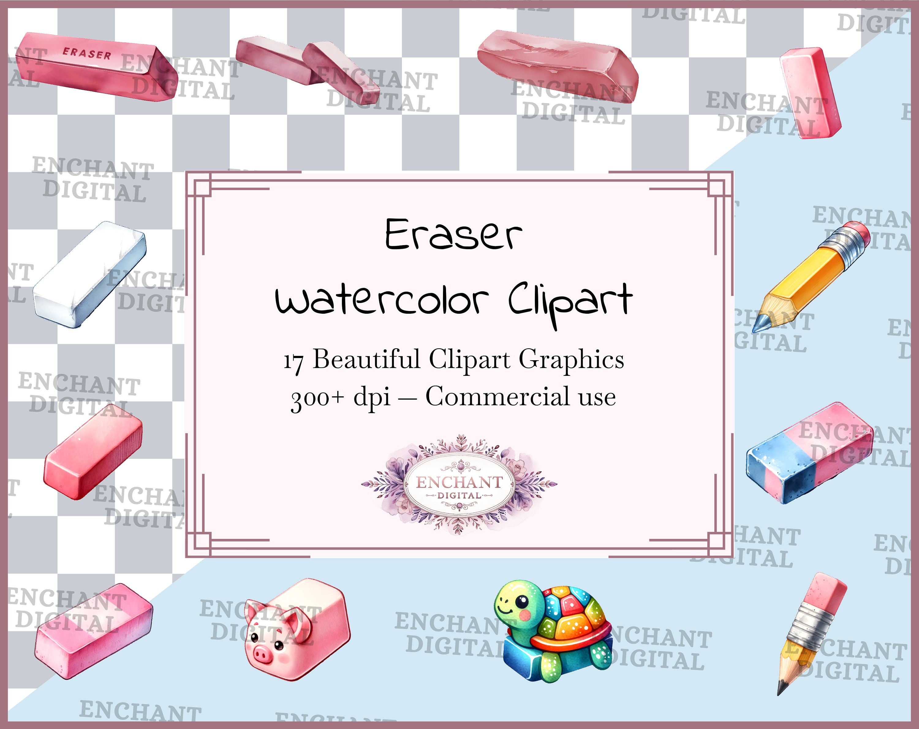 Eraser Clipart - Watercolor Pink Eraser Cute Pencil Clipart Instant ...