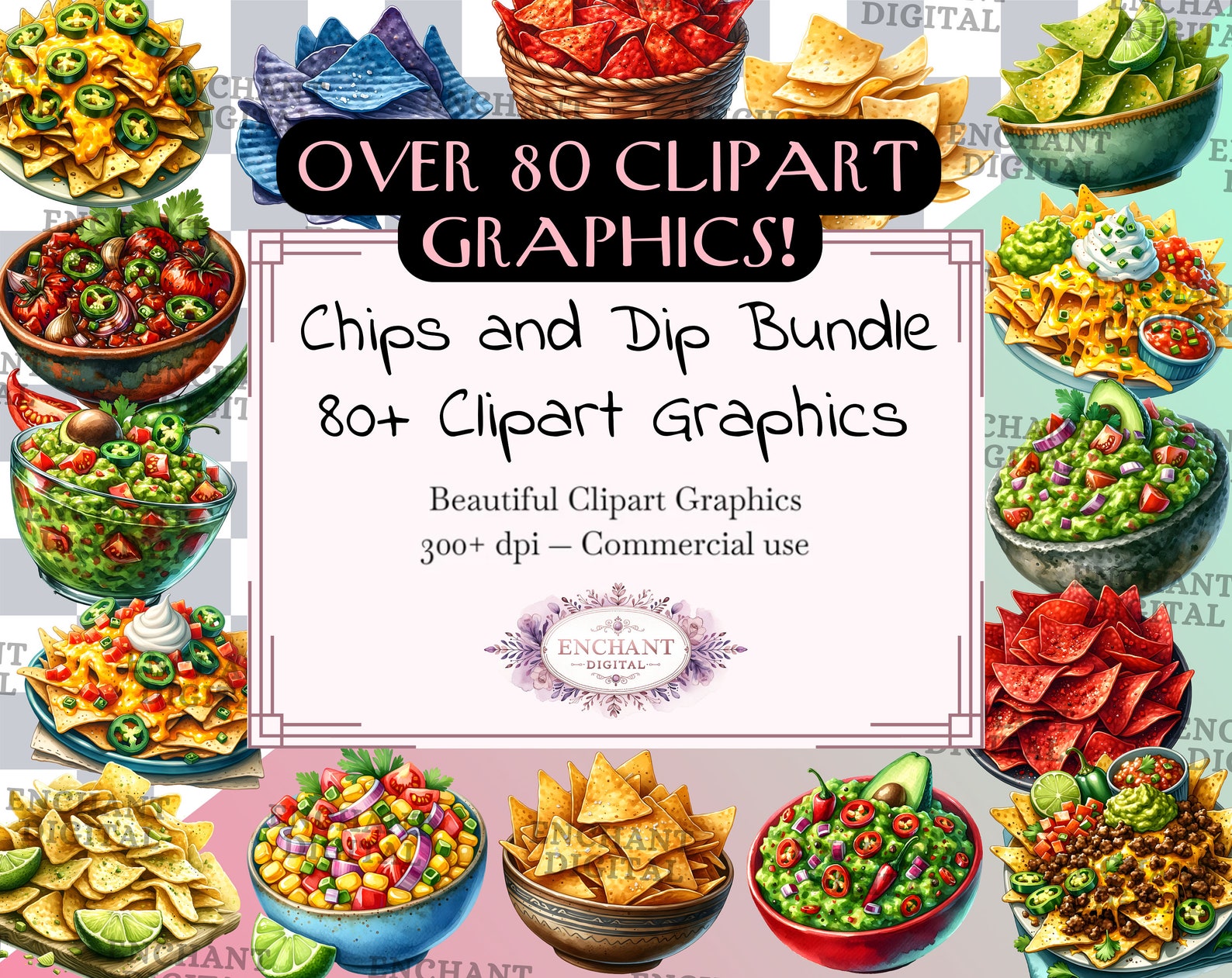 Chips and Dip Clipart Bundle - 80+ Watercolor Guacamole Salsa Nacho ...