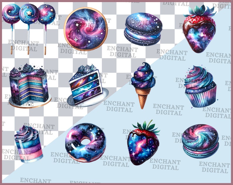 Galaxy Desserts Clipart - Watercolor Space Themed Sweet Treats Cosmic ...