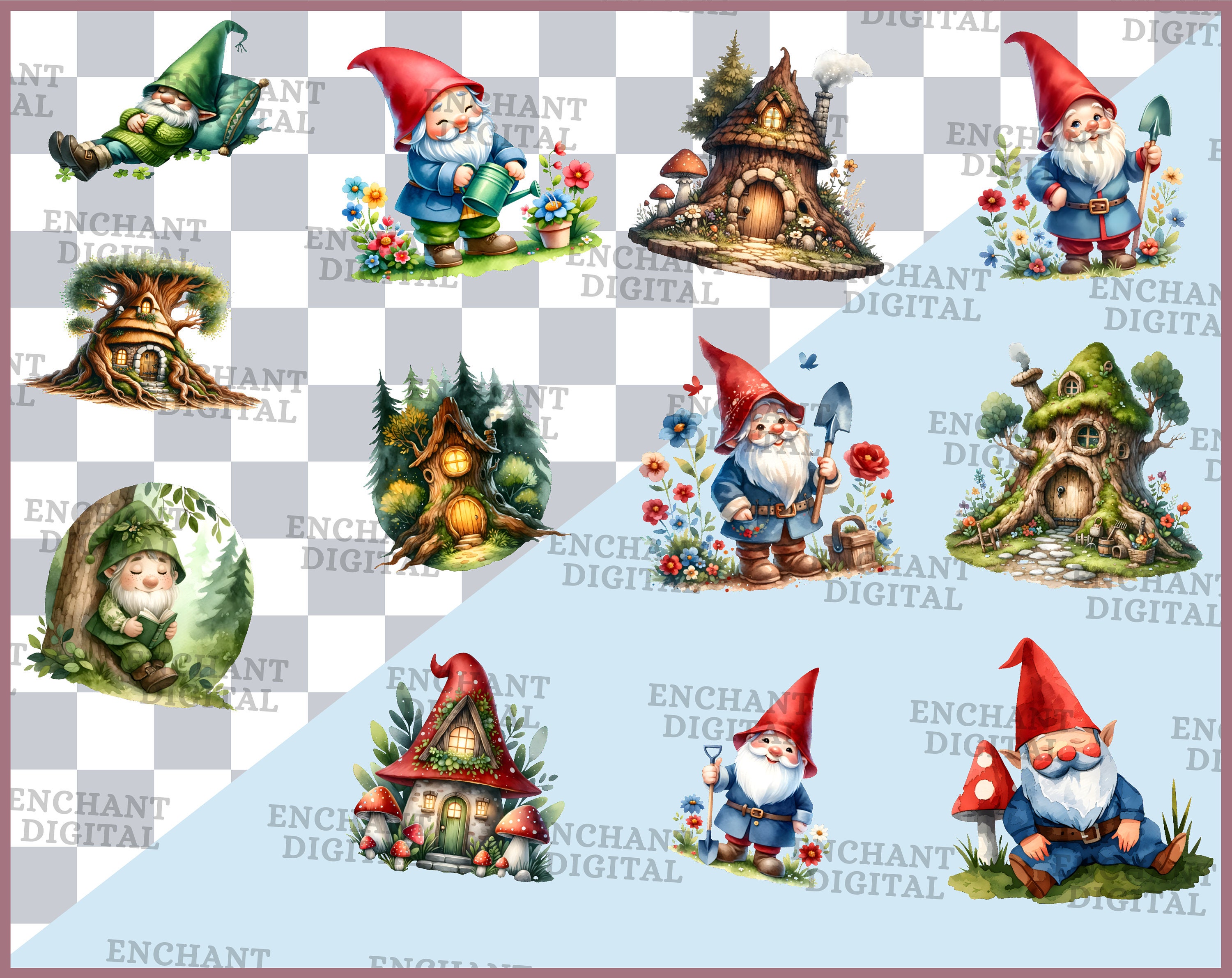 Garden Gnome Clipart - Watercolor Garden Gnome With Gnome Hat and House ...
