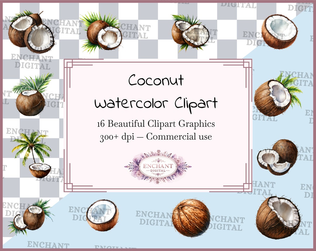 Coconut Clipart - Watercolor Tropical Coconut Palm Tree Beach Clipart ...