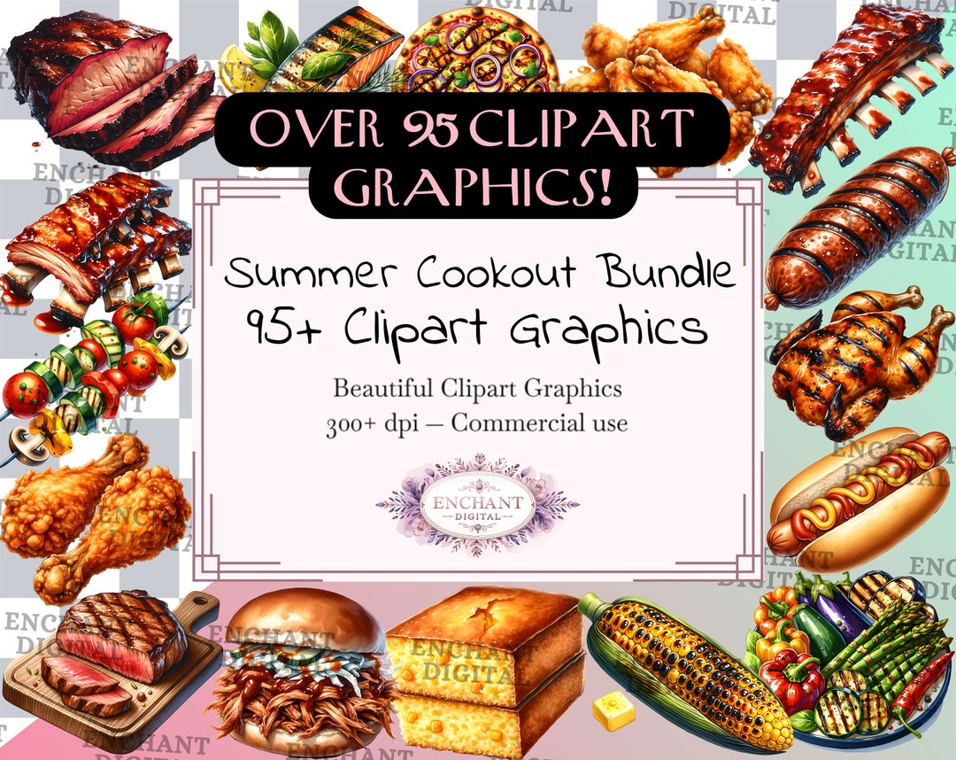 Summer Cookout Clipart Bundle - 95+ Watercolor BBQ Hot Dog Fried ...