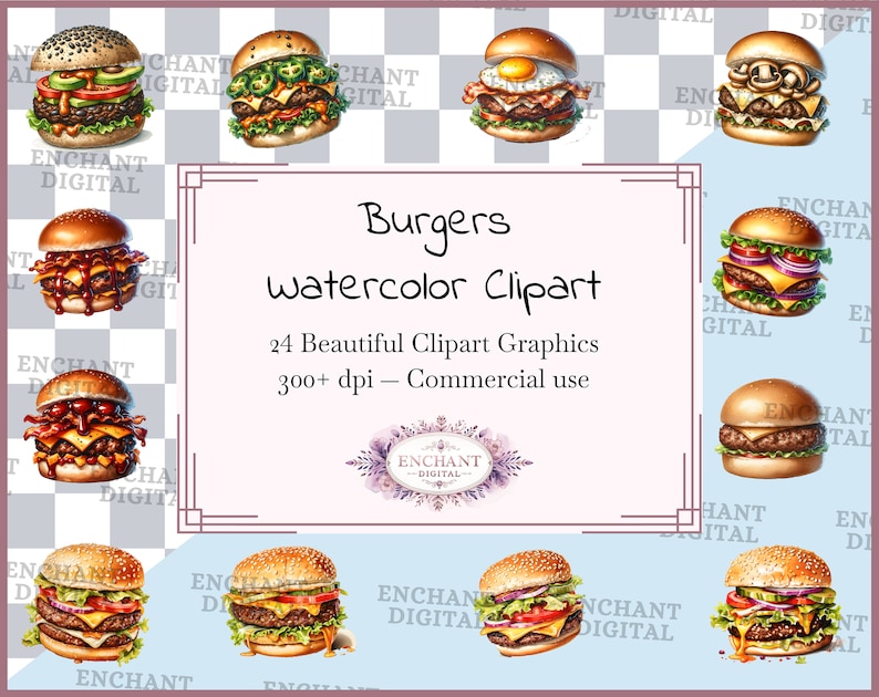 Burger Clipart Watercolor Burgers Clipart Instant Download PNG Graphics ...