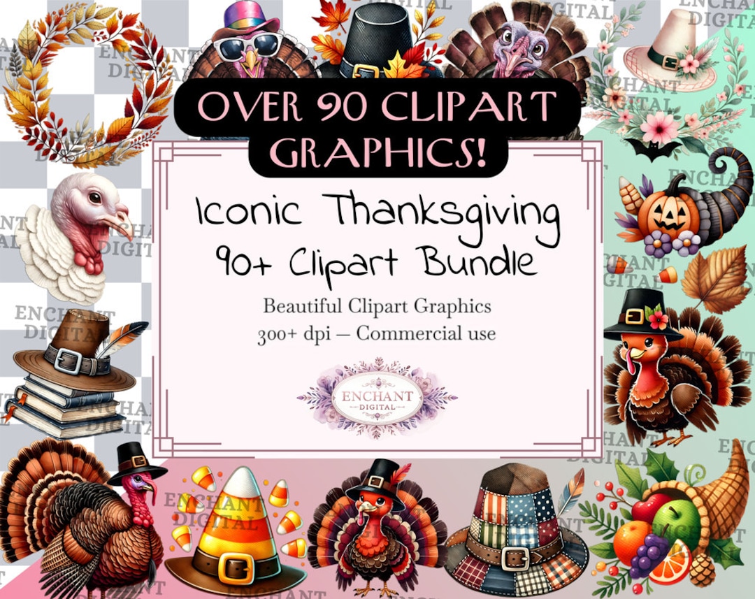 Iconic Thanksgiving Clipart Bundle - 90+ Watercolor Turkey Pilgrim's ...