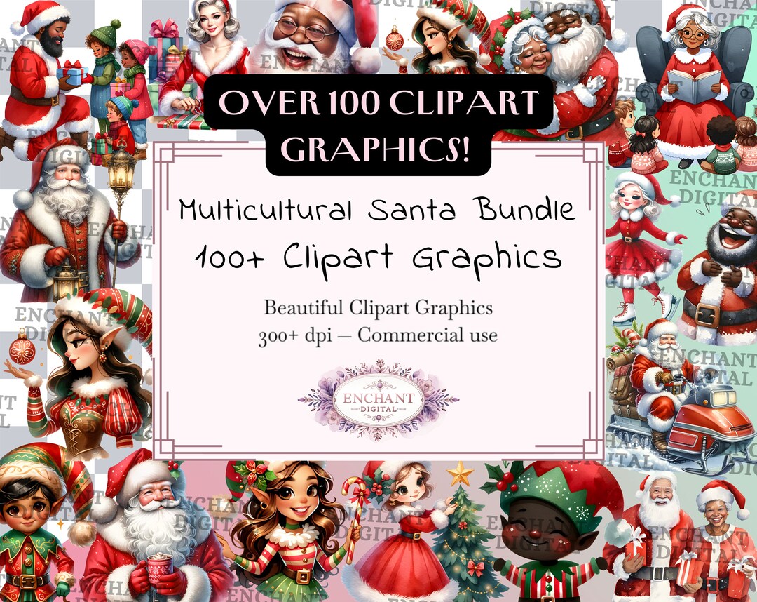 Multicultural Santa Clipart - 100+ Watercolor Santa and Elves Clipart ...