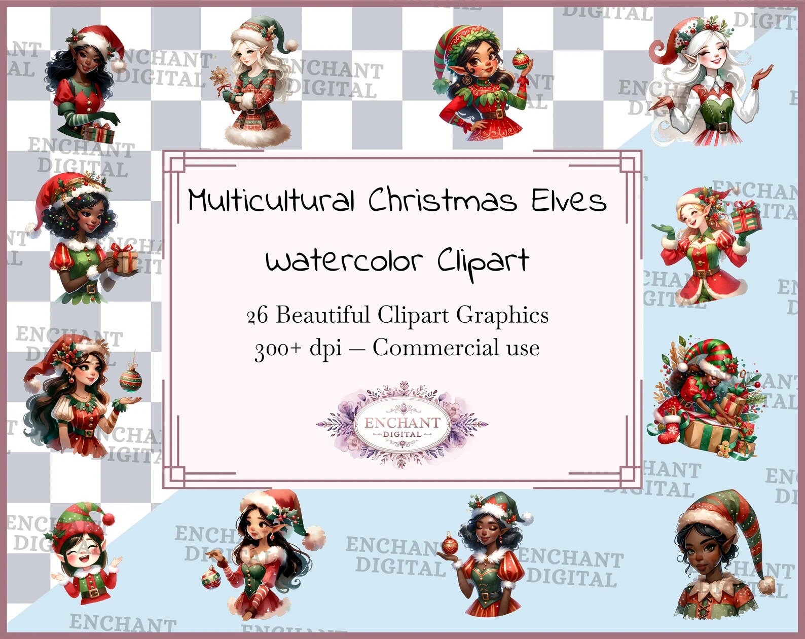 Multicultural Santa Clipart 100 Watercolor Santa and Elves Clipart ...