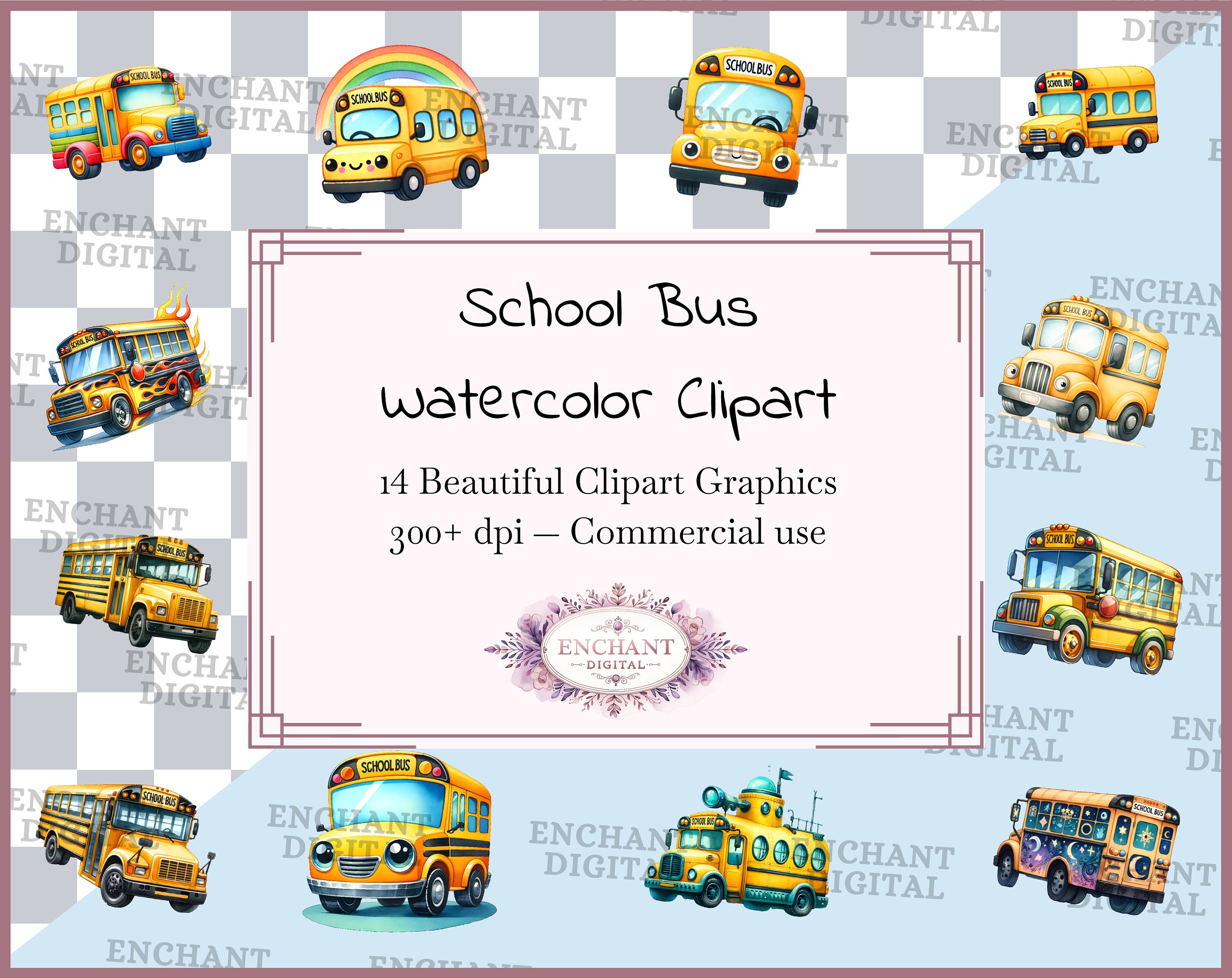 School Bus Clipart - Watercolor Yellow Magic Cute School Bus Clipart ...