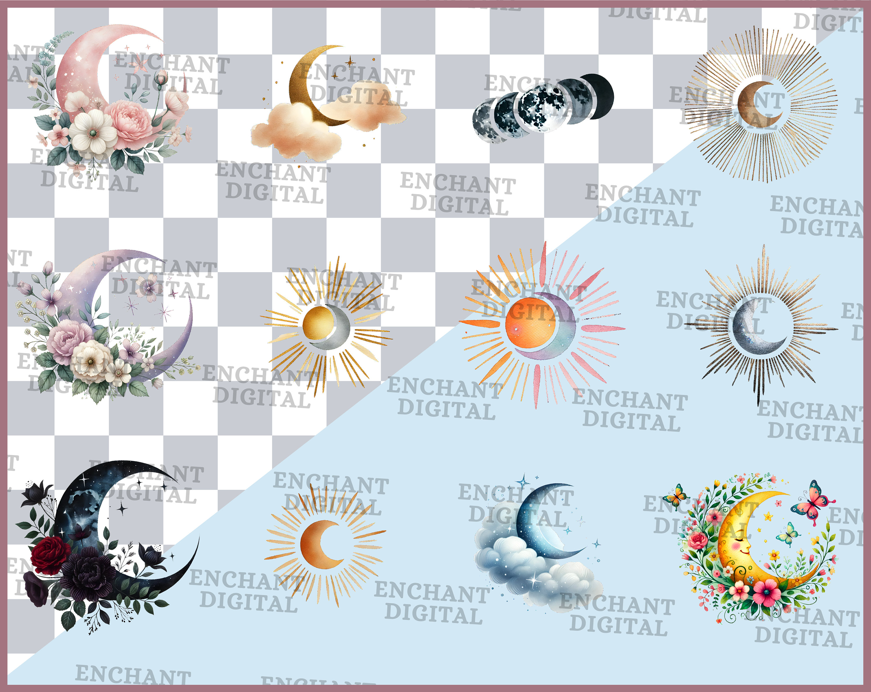 Moon Clipart - Watercolor Night Sky Lunar Phase Astrology Full Moon ...