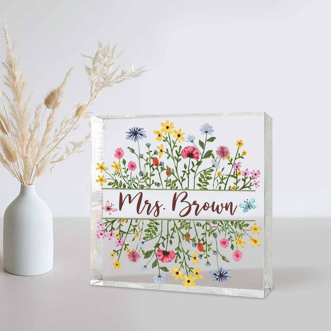 Teacher Appreciation Gifts, Custom Teacher Name Acrylic Block, Flowers ...