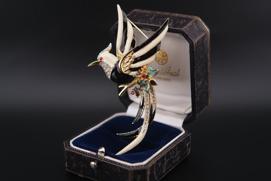 Vintage D'orlan Enamel Bird Brooch – Jeweled Floral Tail, Black & Ivory ...