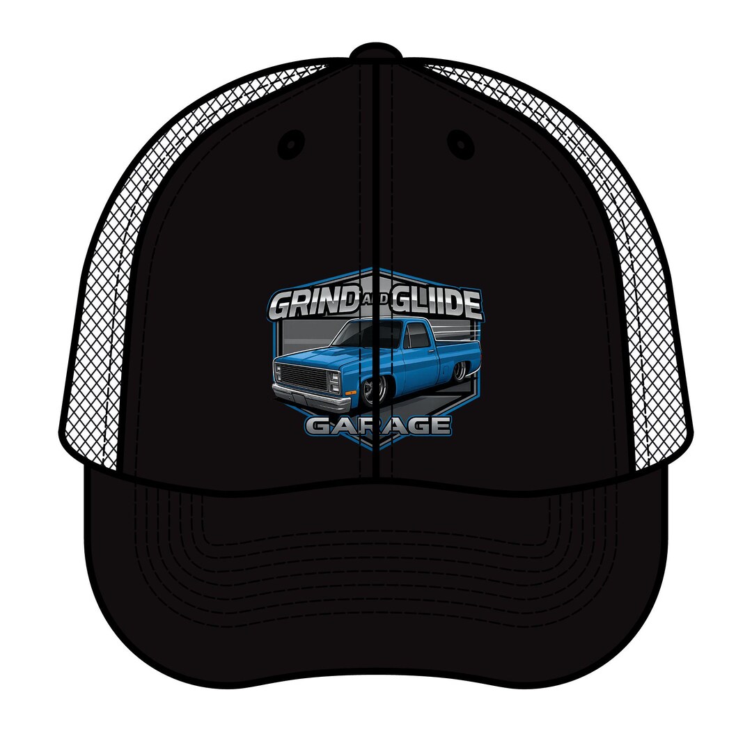 Grind & Glide Garage Blue Truck Trucker Hat | Retro Automotive Mesh Cap ...